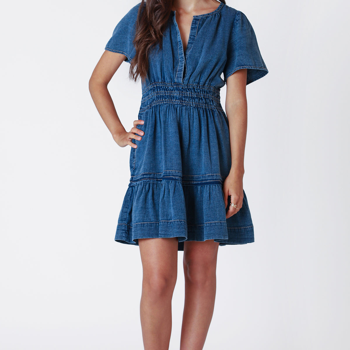 Dex Tiered Denim Effect Mini Dress – mainstreamboutique-ankeny